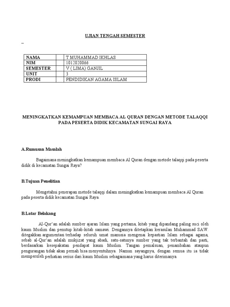 Meningkatkan Kemampuan Membaca Al Quran Dengan Metode Talaqqi Pada ... Meningkatkan Kemampuan Membaca Al Quran Dengan Metode Talaqqi Pada ...