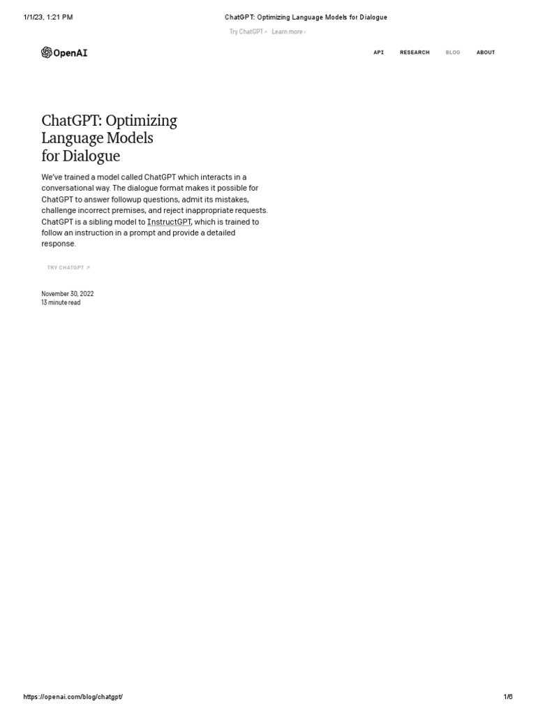 ChatGPT - Optimizing Language Models For Dialogue - Based On Reinforcement Learning | PDF ...