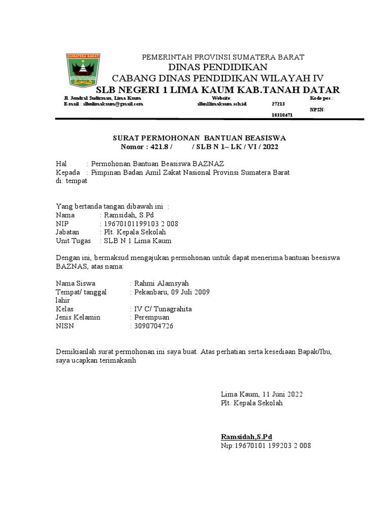 Surat Permohonan Beasiswa Baznas | PDF