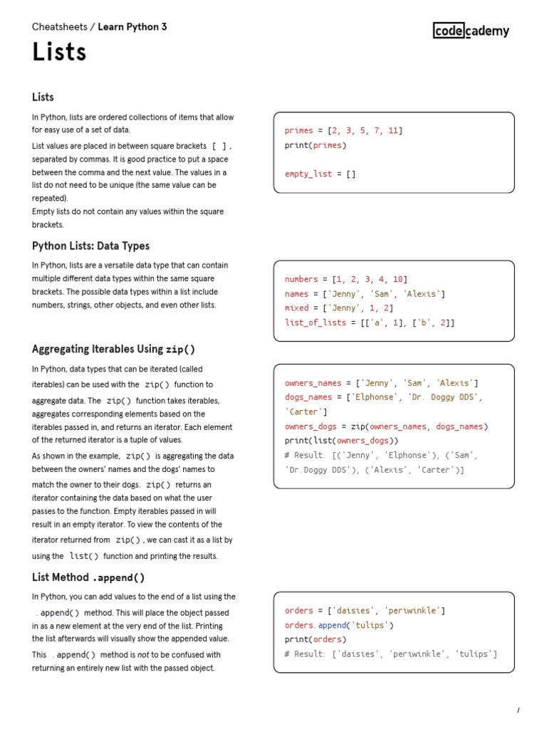 Lists Cheatsheet Pdf Computer Programming Software Engineering 6724