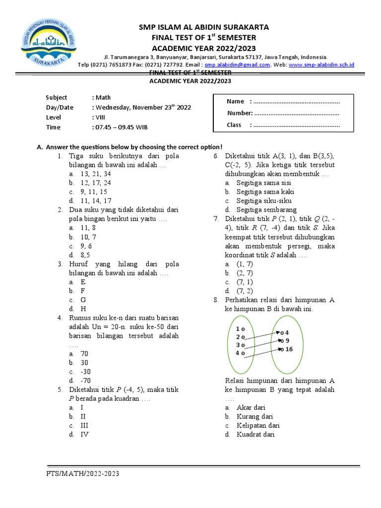 Soal PAS Kelas 8 MTK Pondok | PDF