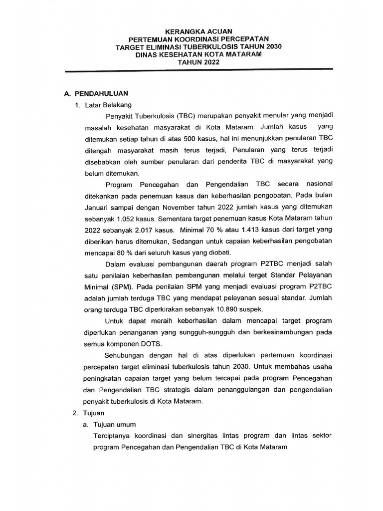 KA Dan TOR Pertemuan Koordinasi Eliminsai TB THN 2030 | PDF