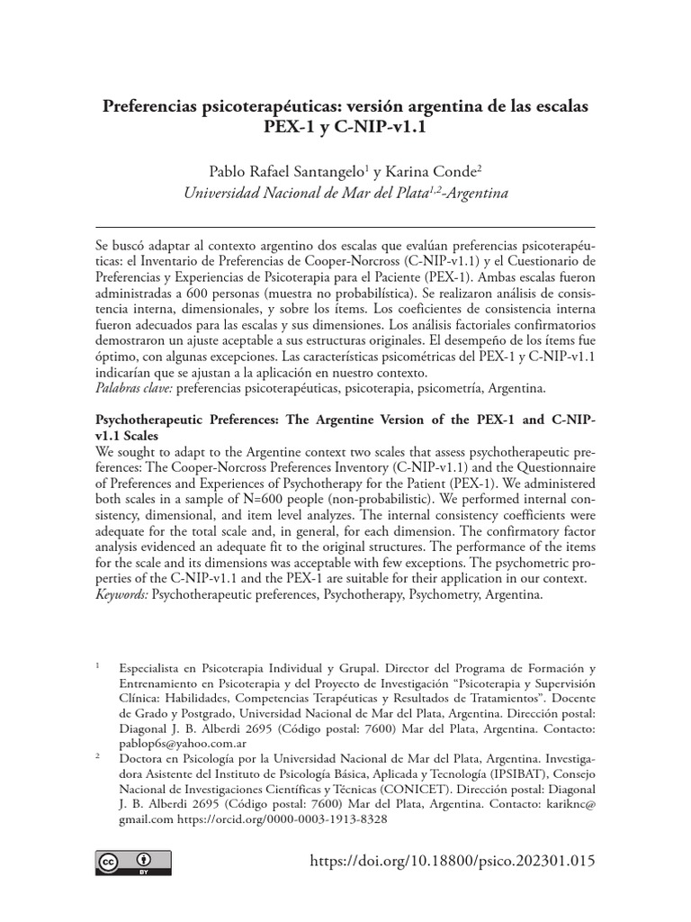 Preferencias Psicoterapéuticas: Versión Argentina de Las Escalas PEX-1 y C-NIP-v1.1 | PDF ...