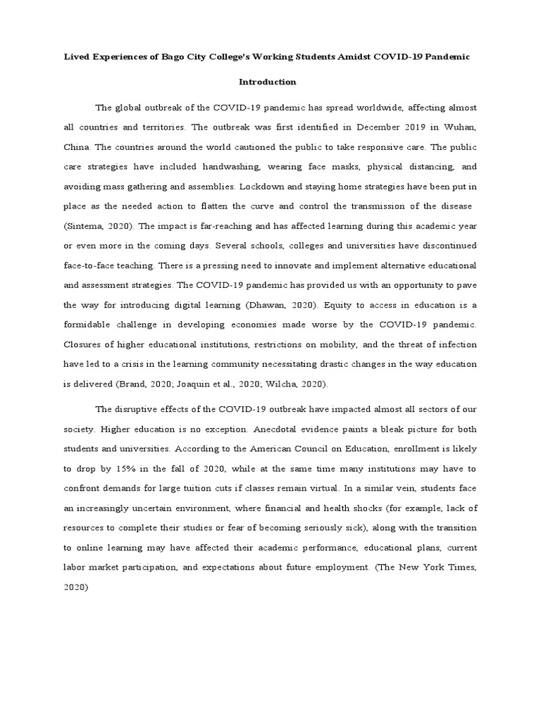 Lived Experiences of Bago City College's Working Students Amidst COVID-19 Pandemic | PDF ...