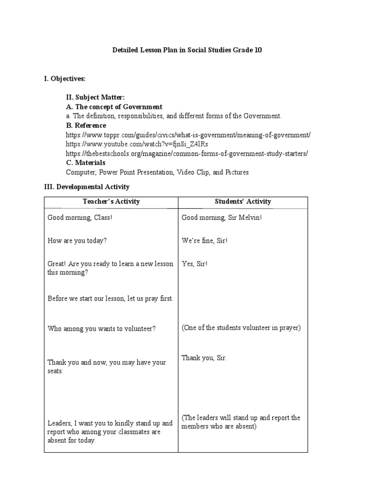 Detailed Lesson Plan in Social Studies | PDF | Lesson Plan | Government