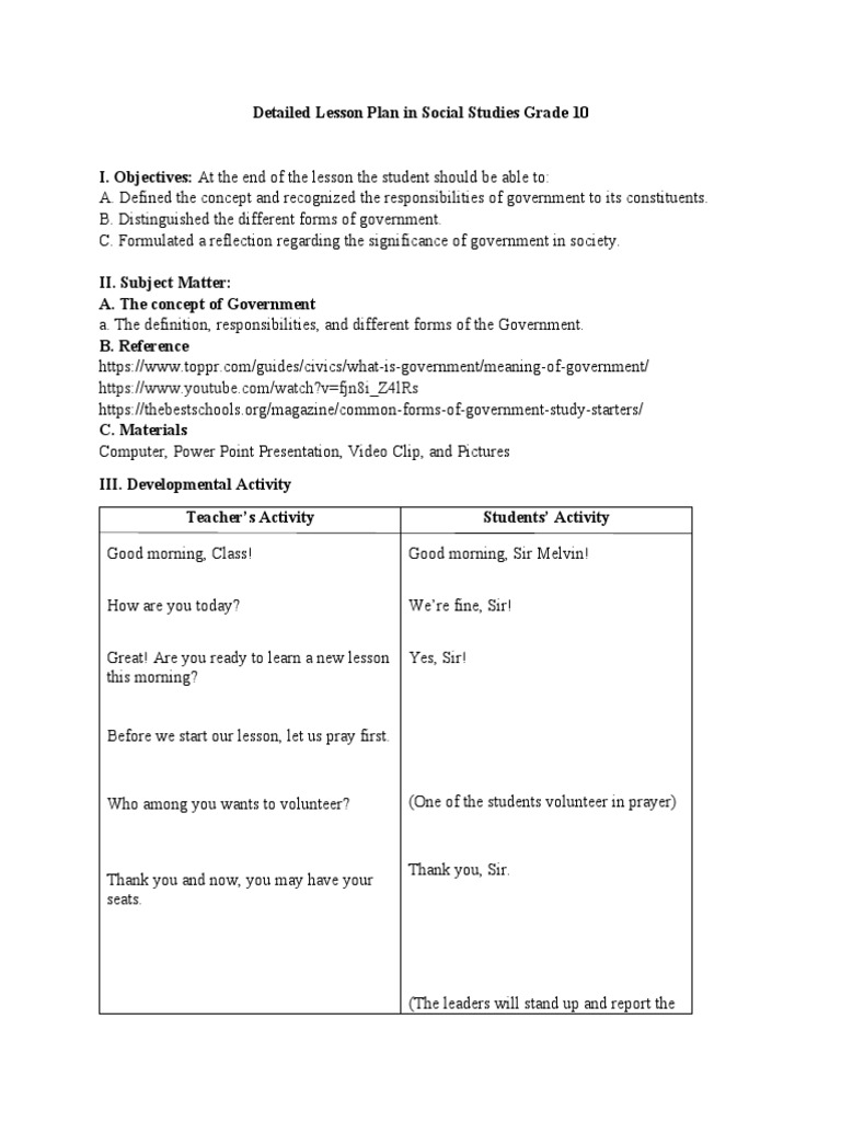 Detailed Lesson Plan in Social Studies | PDF | Lesson Plan | Government