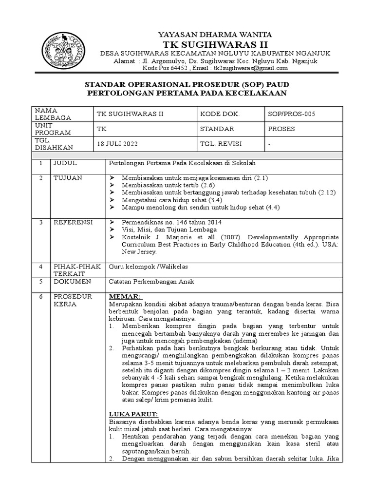 Sop Paud Pertolongan Pertama Pada Kecelakaan | PDF