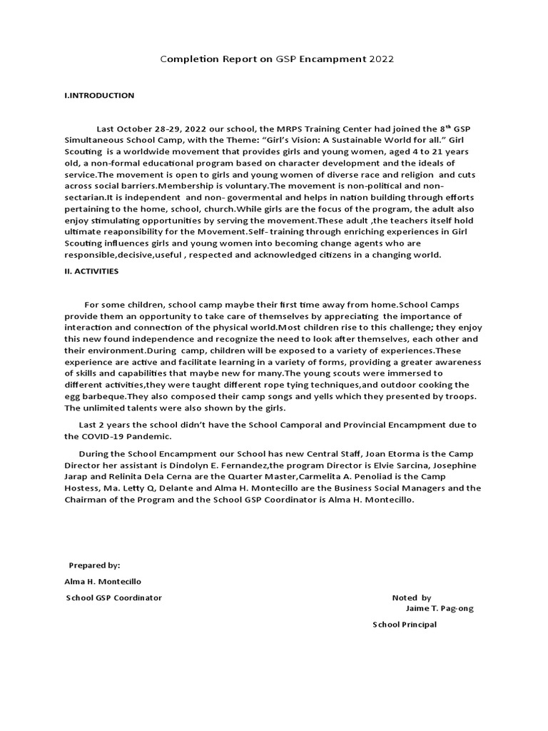 GSP Encampment 2022 Completion Report | PDF | Scouting | Behavior ...