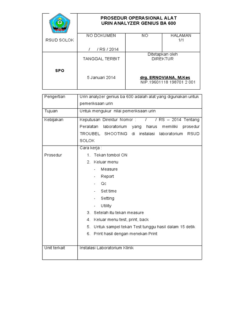 Prosedur Operasional Urin Analyzer BA 600 | PDF | Kesehatan Holistik ...