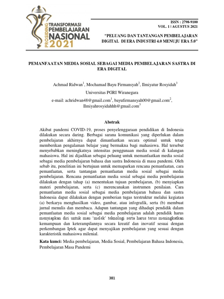 35 Pemanfaatan Media Sosial Sebagai Media Pembelajaran Sastra Di Era Digital Achmad Ridwan ...