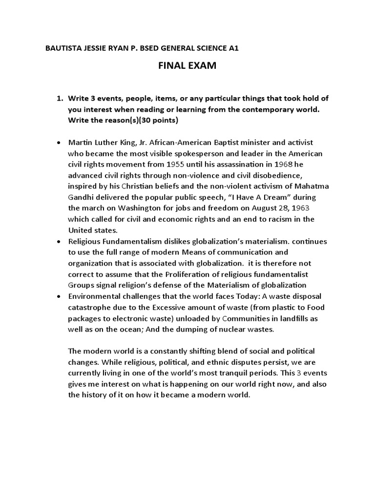 Final Exam: Bautista Jessie Ryan P. Bsed General Science A1 | PDF ...