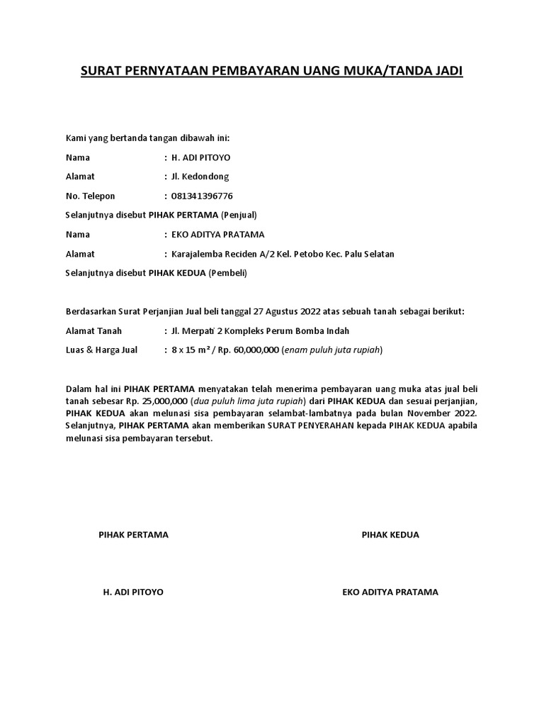 Surat Pernyataan Pembayaran Uang Muka | PDF