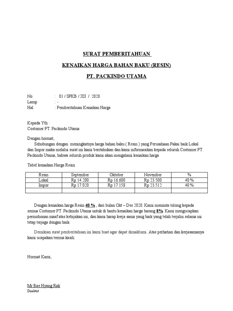 SURAT PEMBERITAHUAN Kenaikan Harga Resin 2 | PDF