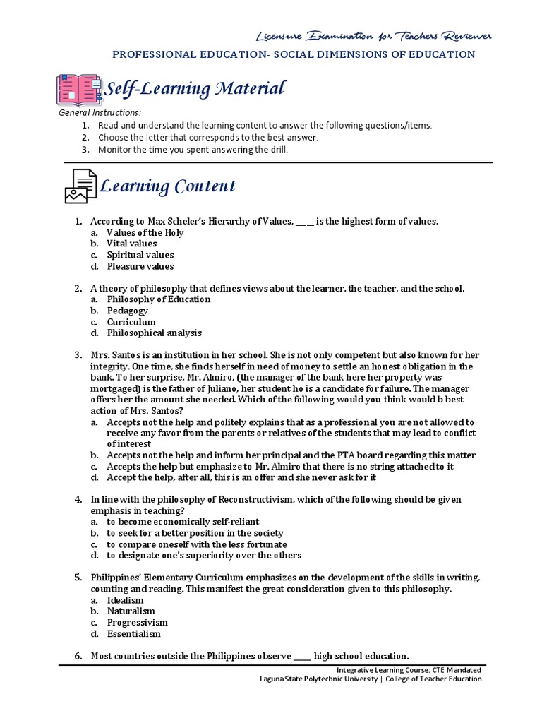 Social Dimensions of Education Let Reviewer | PDF | Teachers | Learning