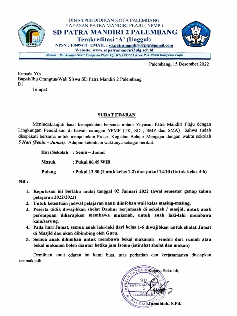 Surat Edaran Kegiatan Belajar Mengajar 5 Hari | PDF