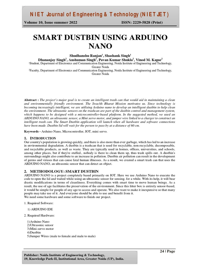 Smart Dustbin Using Arduino Nano | PDF | Ultrasound | Arduino