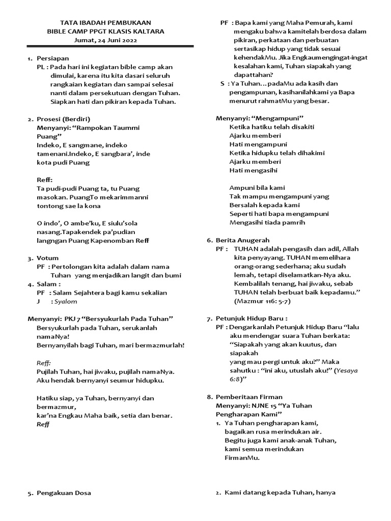 Tata Ibadah Pembukaan Bible Camp | PDF