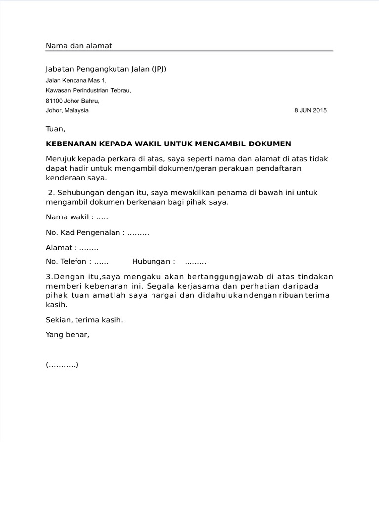 Dokumen - Tips - Contoh Surat Wakil JPJ | PDF