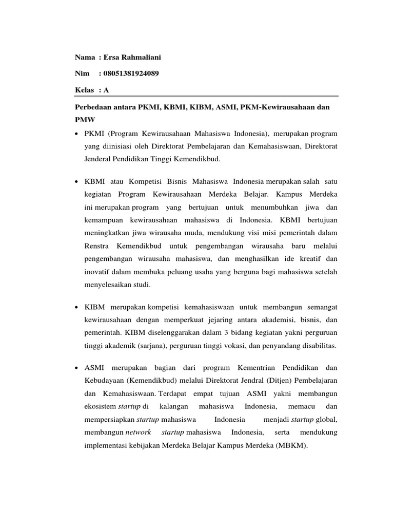 Perbedaan Antara PKMI, KBMI, KIBM, ASMI, PKM-Kewirausahaan Dan PMW | PDF | Bisnis | Seni