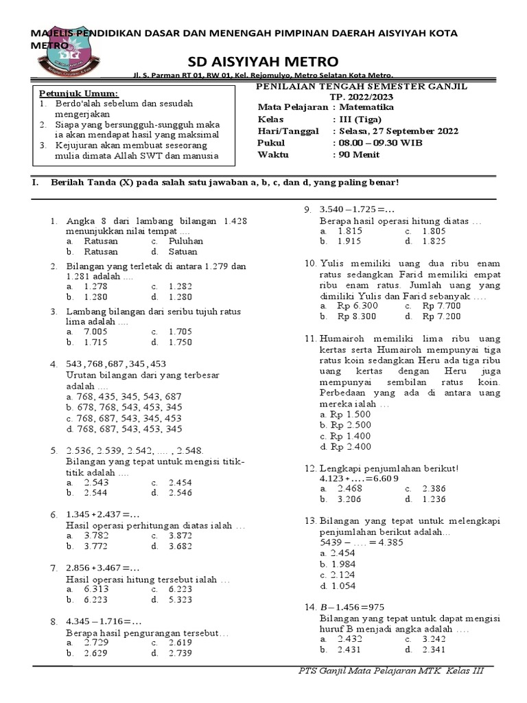 SOAL PAS MTK KELAS 3 Ganjil | PDF