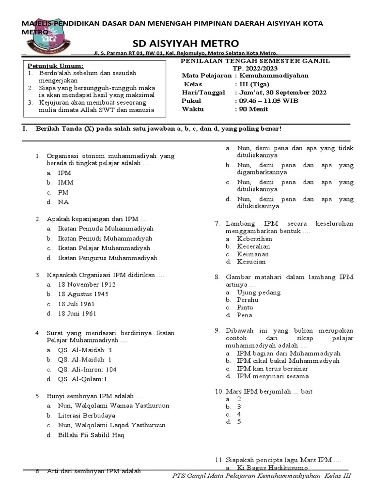 SOAL PTS KMD KELAS 3 Ganjil | PDF