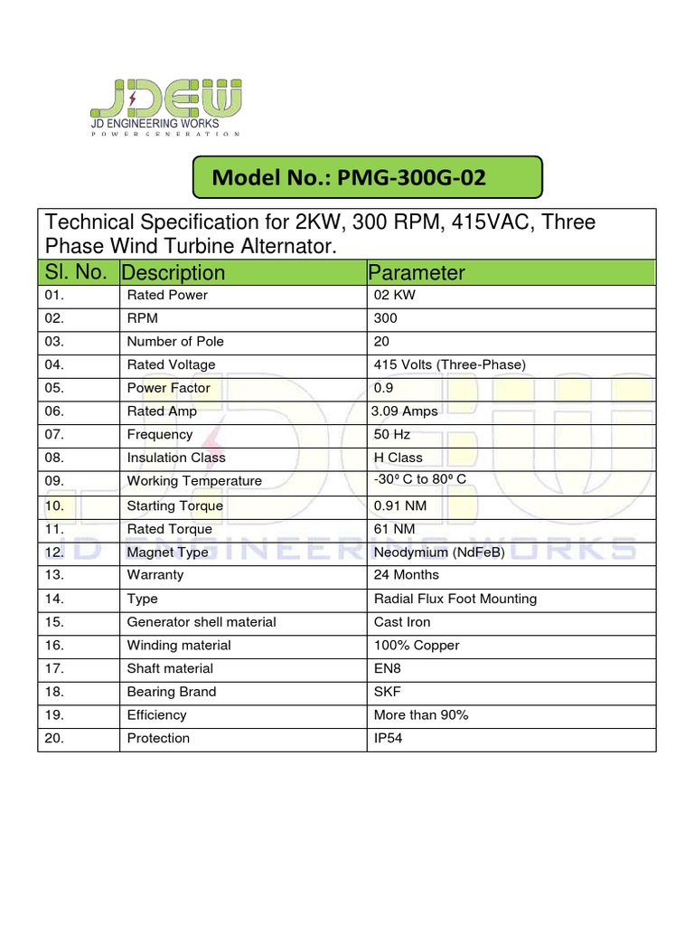 Technical Specification For 2KW 300RPM Wind Turbine Alternator | PDF