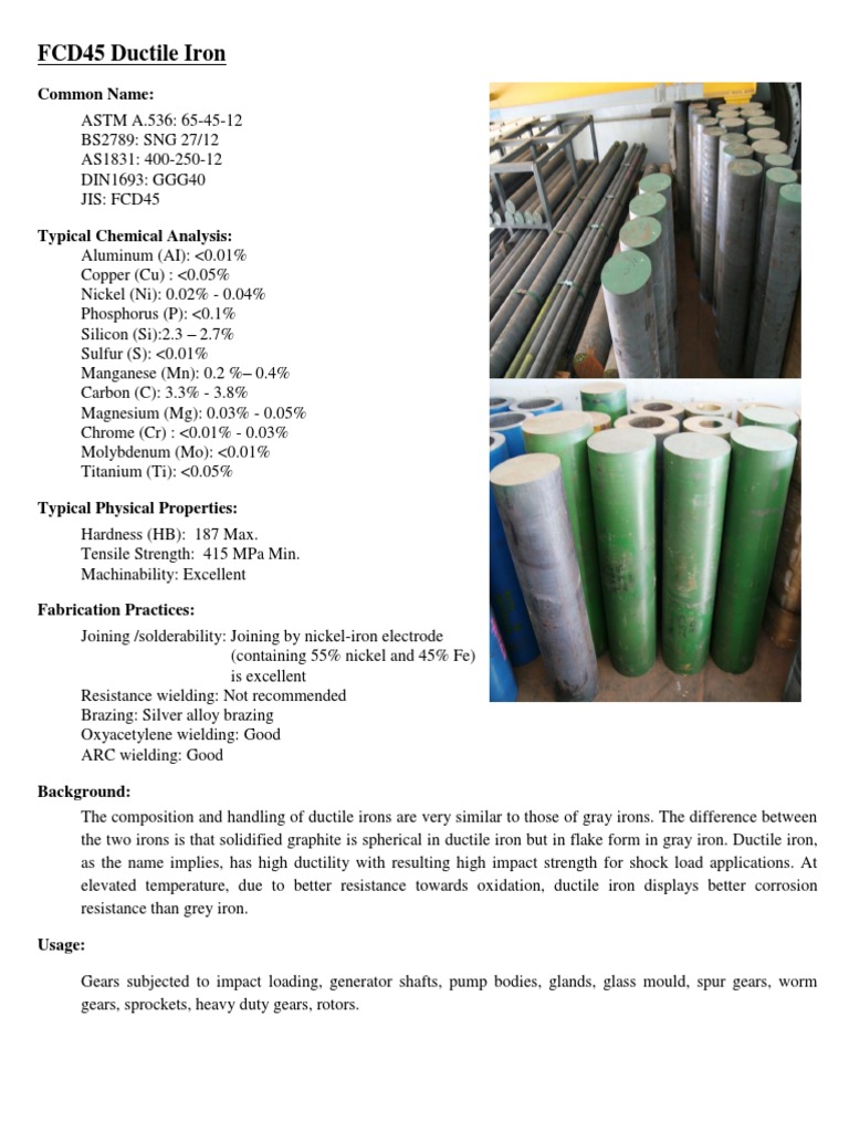 FCD45 Ductile Iron: Common Name | PDF