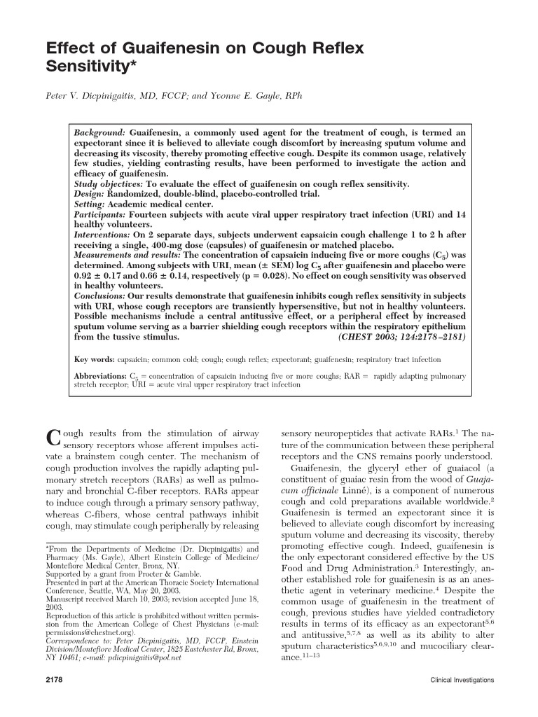 Effect of Guaifenesin On Cough Reflex Sensitivity (Chest, 2003) | PDF ...