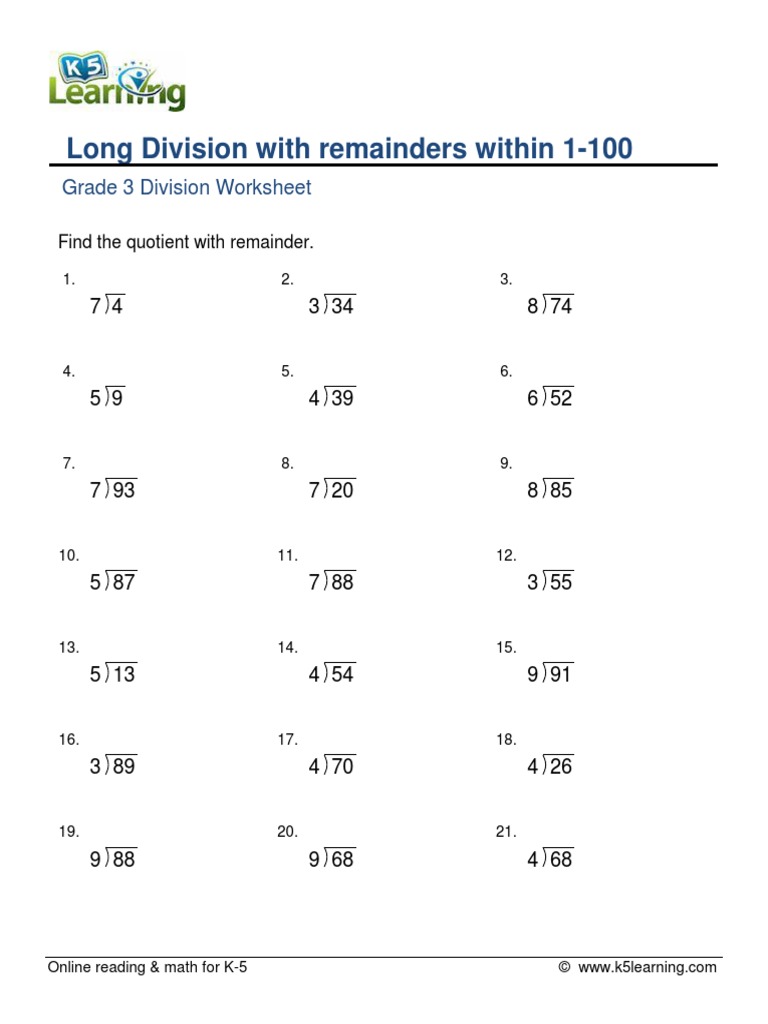 Grade 3 Long Division With Remainder Within 1 100 F | PDF