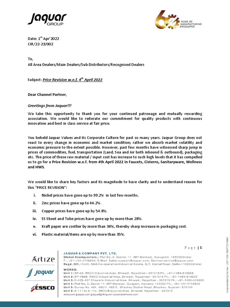 Price Revison Letter April'22 | PDF