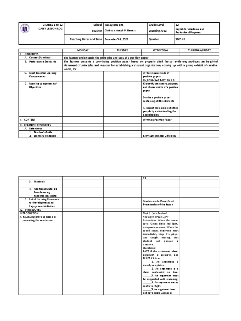 Grade 12 Position Paper Guide | PDF | Learning | Teaching Method
