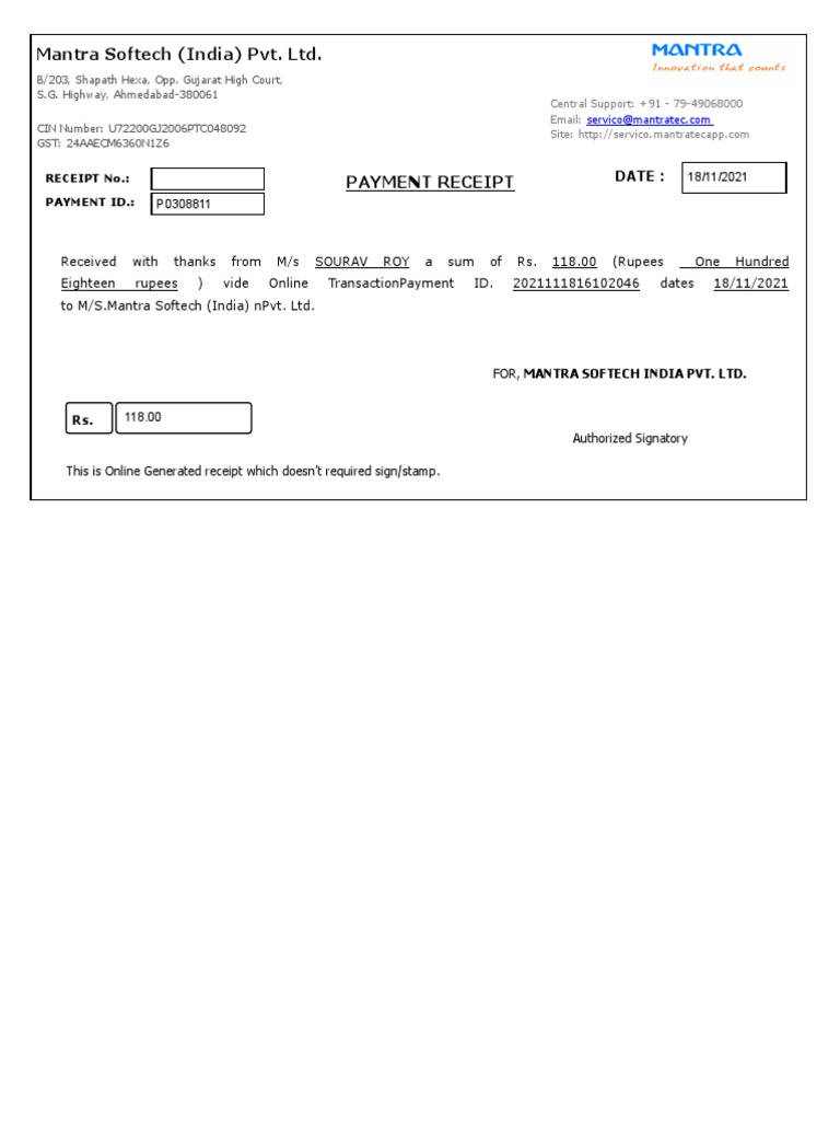 Mantra Softech Payment Receipt Details | PDF