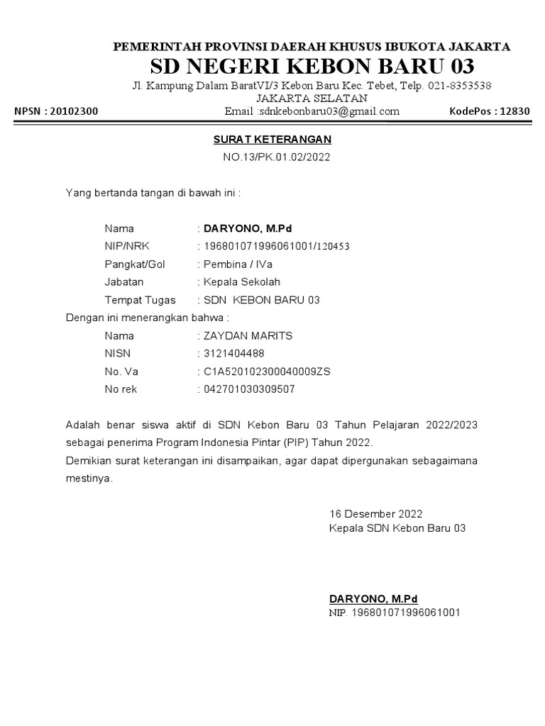 Surat Keterangan Pip | PDF