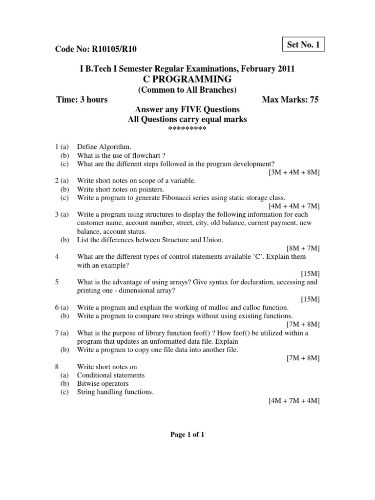 QP Iyear Isem 2011 C Programming | PDF | C (Programming Language) | Data Type