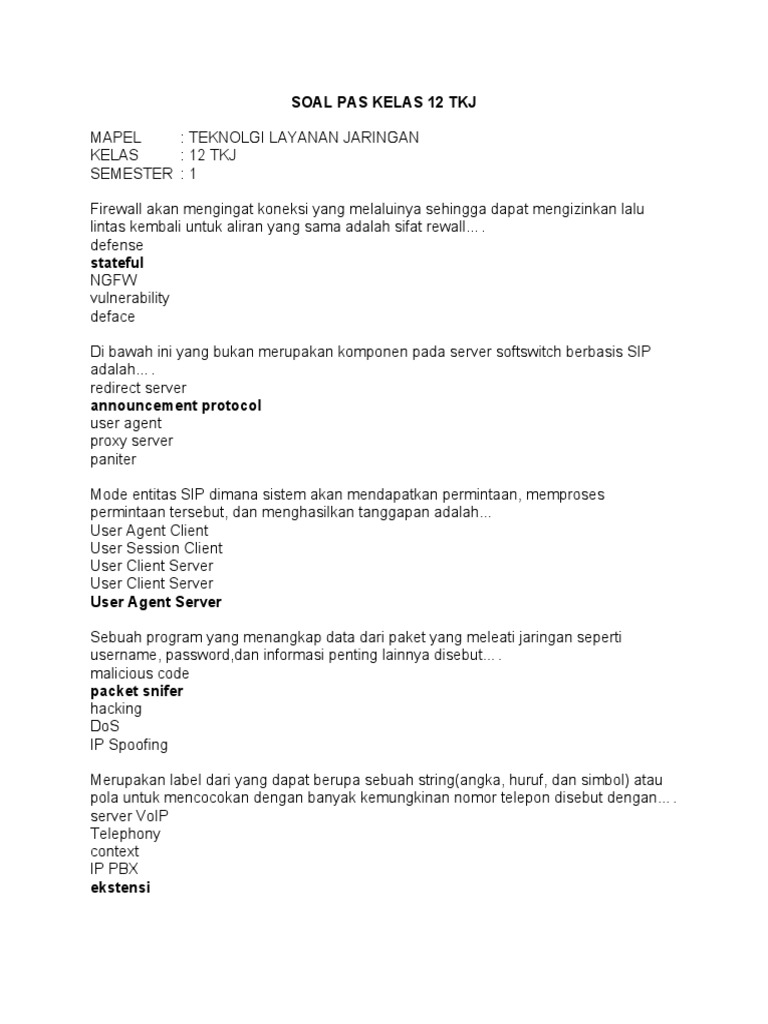 Soal Pas Mapel TLJ Kelas 12 TKJ Sem 1 | PDF