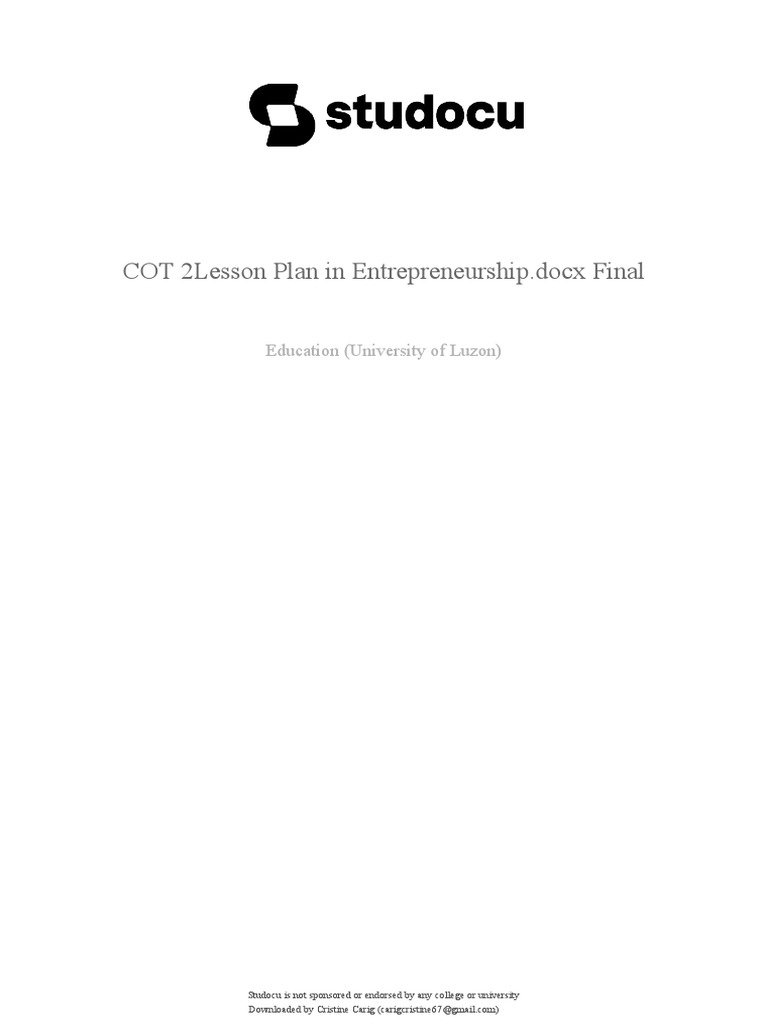 Cot 2lesson Plan in Entrepreneurshipdocx Final | PDF | Entrepreneurship | Teachers
