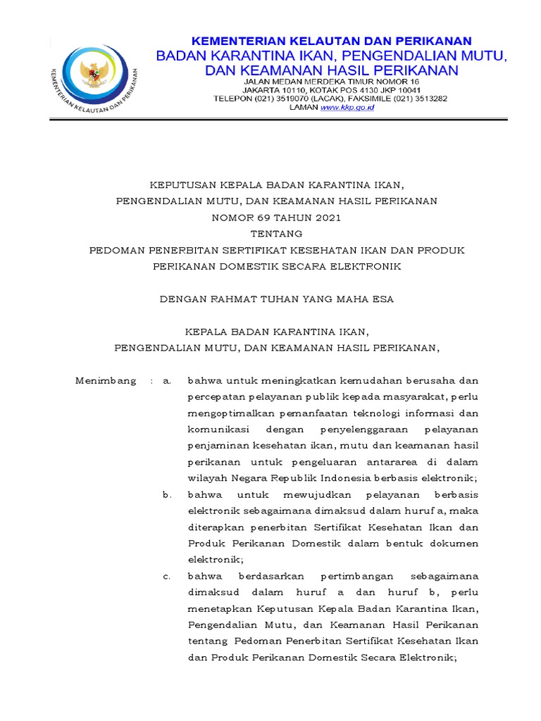 KEP BKIPM 69 Tahun 2021 Pedoman Penerbitan SKIPP Secara Elektronik | PDF