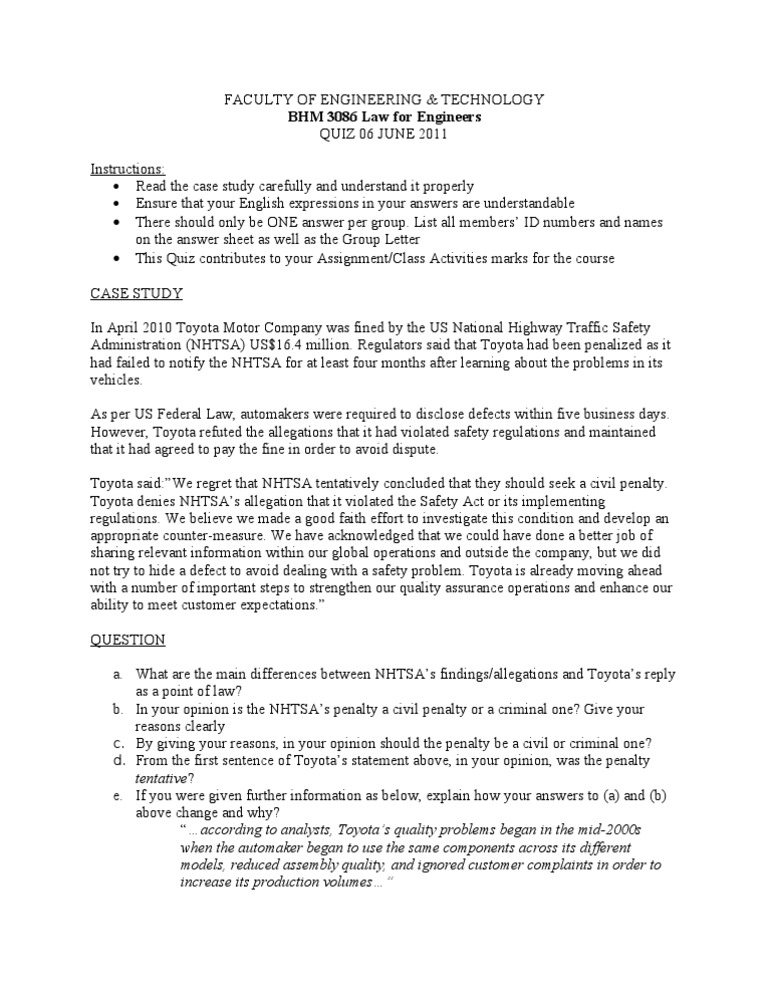 BHM 3086 Quiz Toyota Case Study | PDF