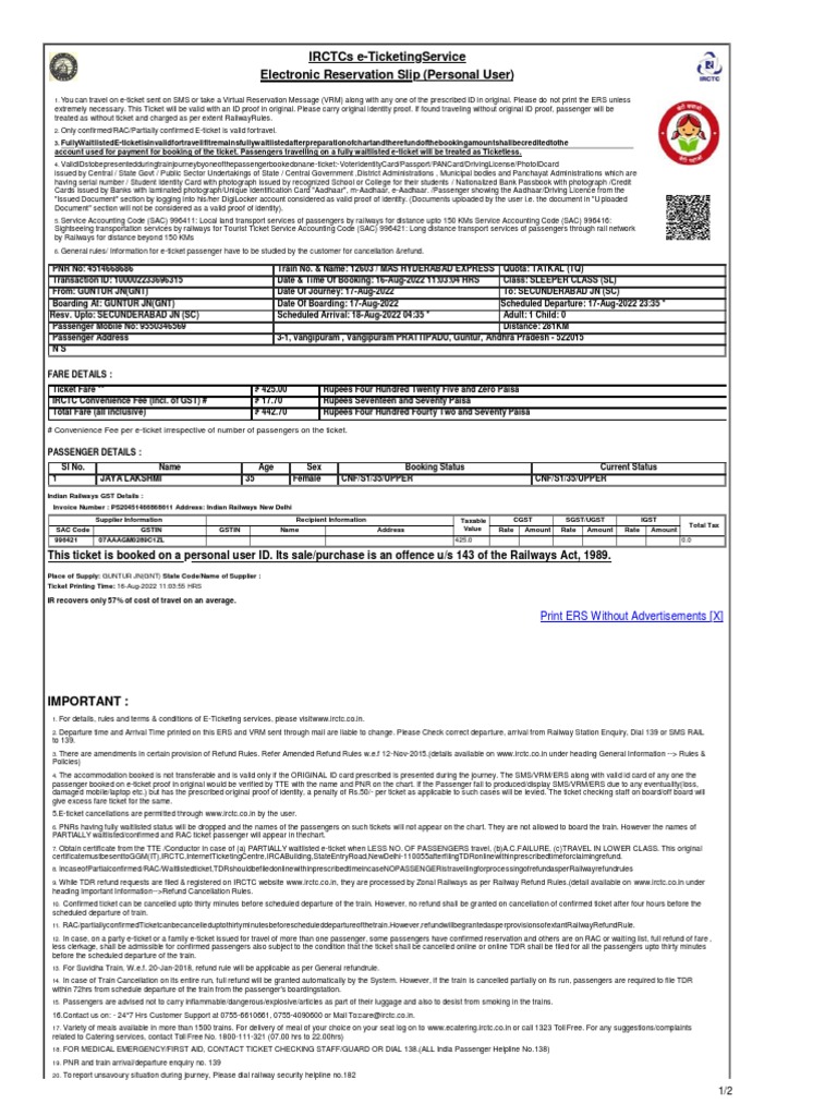 Jayalakshmi Train | PDF | Identity Document | Ticket (Admission)