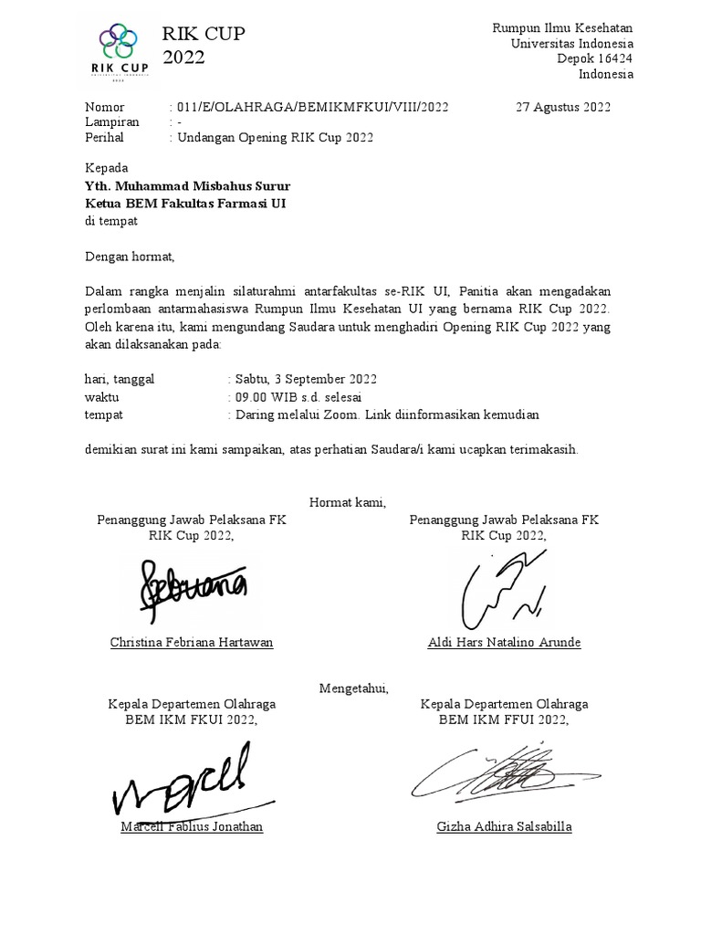 Surat Undangan Opening RIK CUP 2022 - Ketua BEM FF UI | PDF