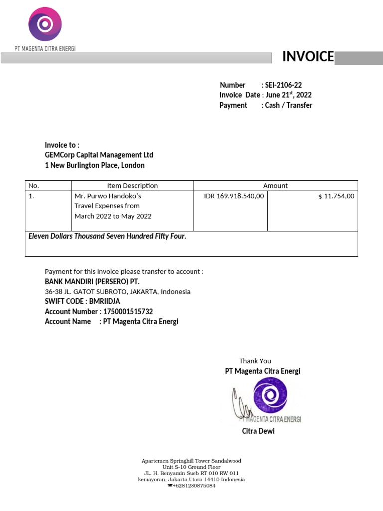 Invoice for Travel Expenses | PDF