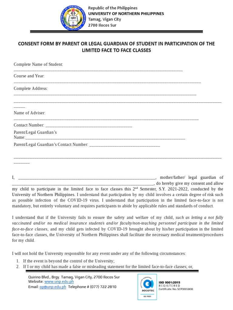 UNP Consent Form for Limited F2F Classes | PDF | Informed Consent | Health Sciences