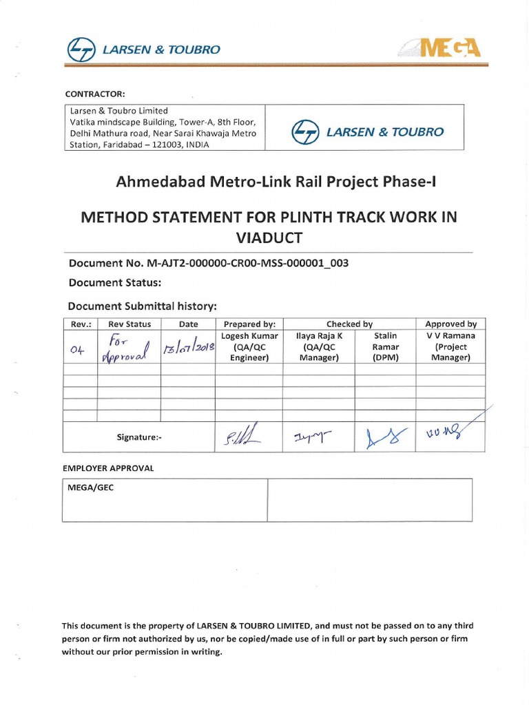 M-AJT2-000000-CR00-MSS-000001 - 003 Method Statement For Plinth Work On Viaduct | PDF | Screw ...