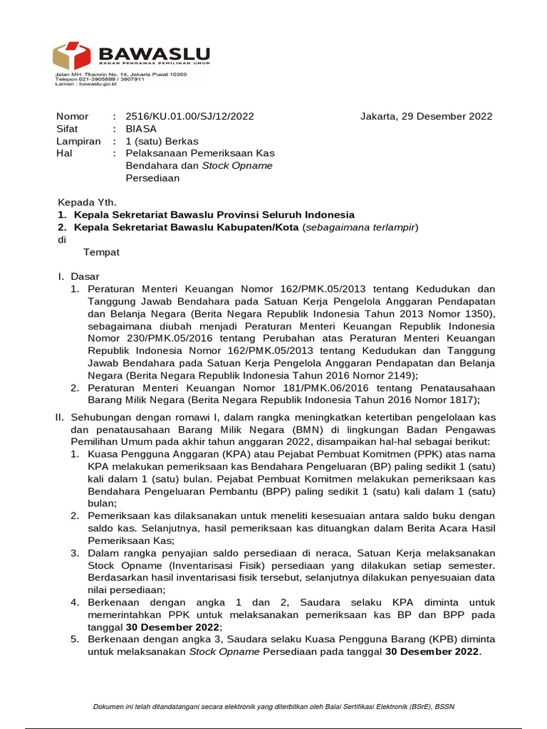 Pemeriksaan Kas dan Stock Opname Bawaslu | PDF