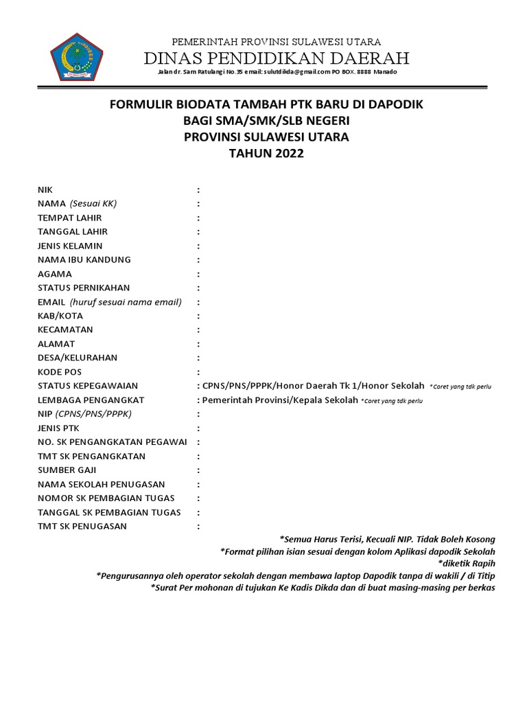 Form Tambah PTK Baru Dapodik Sekolah Negeri | PDF