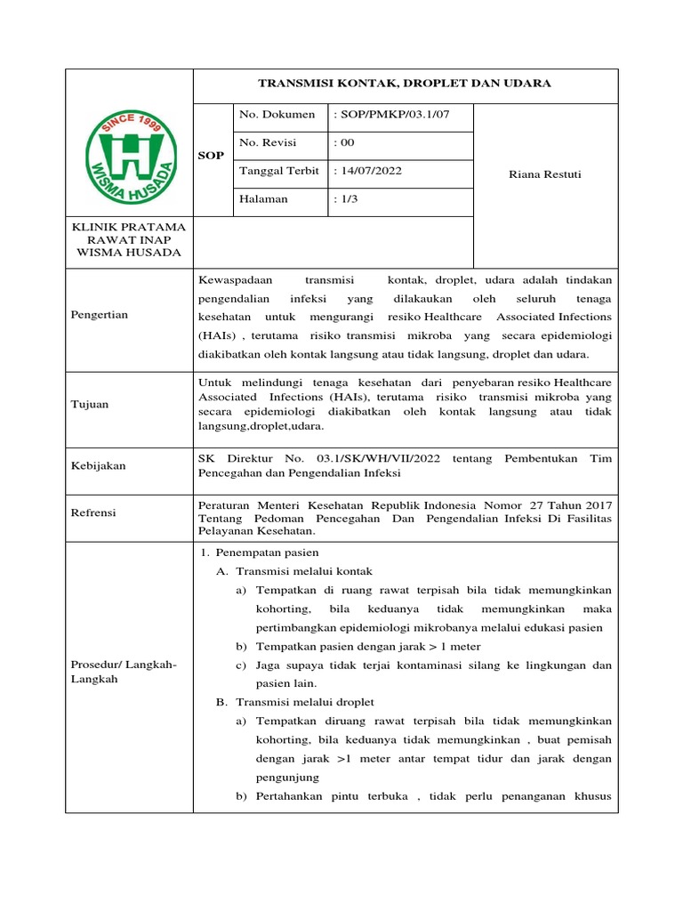 Sop Transmisi Kontak, Droplet, Dan Udara | PDF