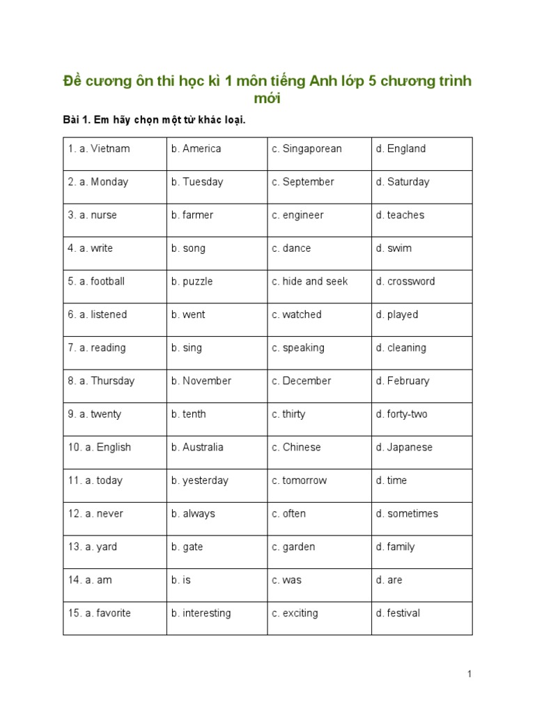 Đề cương ôn thi học kì 1 môn tiếng Anh lớp 5 chương trình mới | PDF | Vietnam