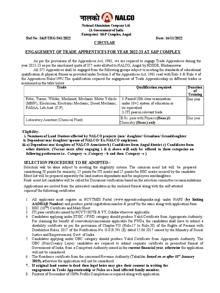 Notification NALCO Trade Apprentice Vacancy | PDF | Apprenticeship