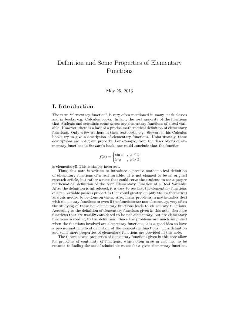 A Precise Mathematical Definition of Elementary Functions and Their ...