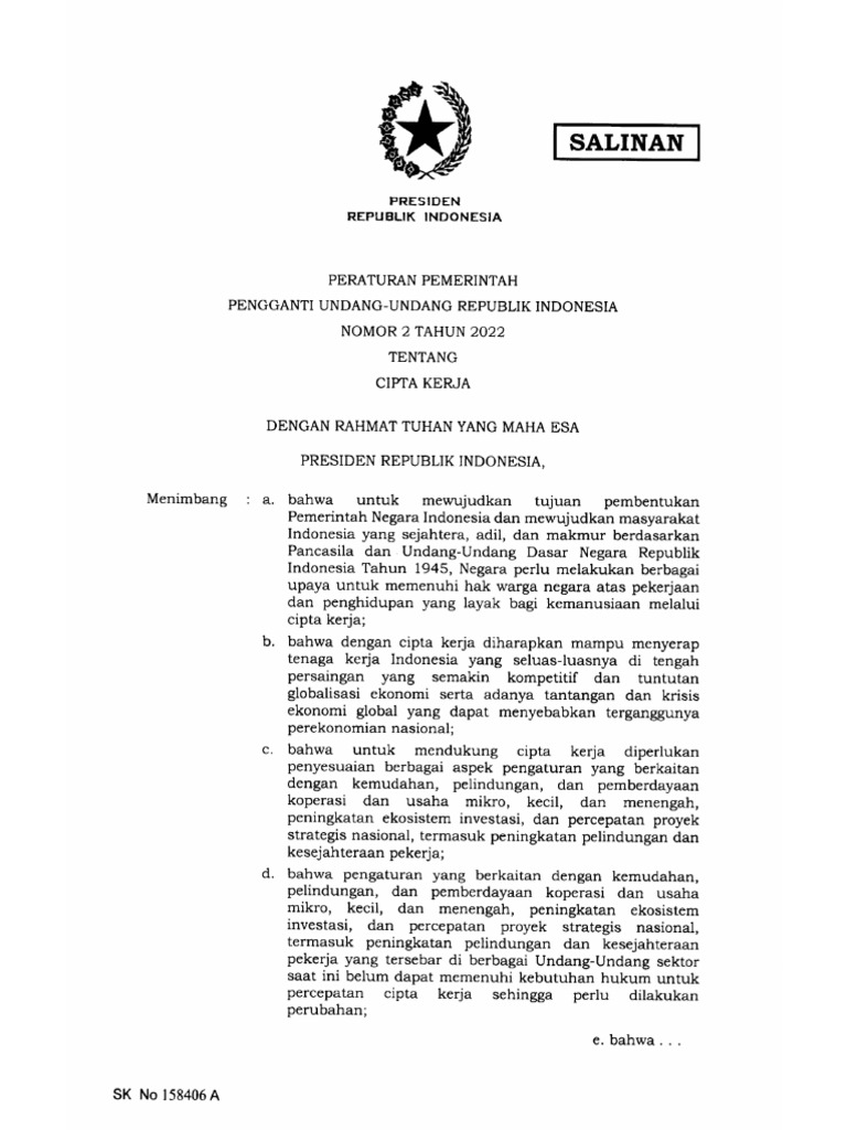 Salinan Perpu Nomor 2 Tahun 2022 PDF | PDF